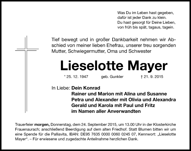 Traueranzeigen von Lieselotte Mayer | trauer.nn.de