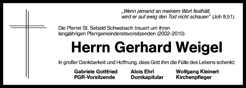 Traueranzeigen von Gerhard Weigel | trauer.nn.de