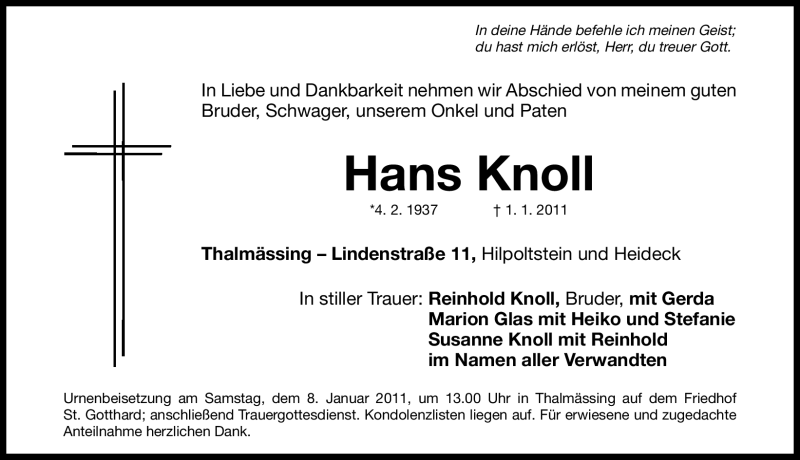 Traueranzeigen von Hans Knoll | trauer.nn.de