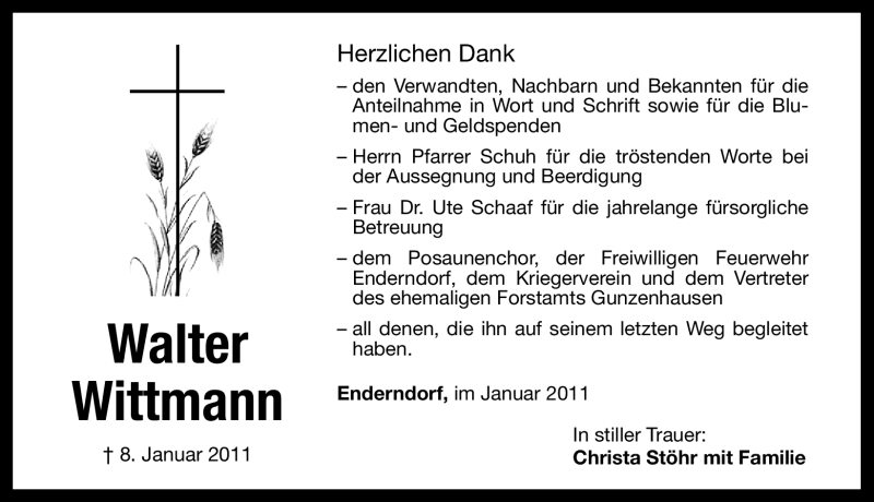 Traueranzeigen von Walter Wittmann | trauer.nn.de
