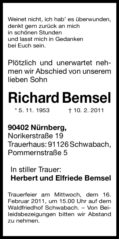 Traueranzeigen von Richard Bemsel | trauer.nn.de