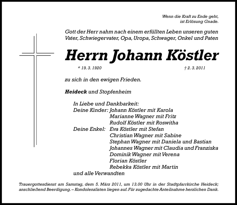 Traueranzeigen von Johann Köstler | trauer.nn.de