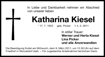 Traueranzeigen von Katharina Kiesel | trauer.nn.de