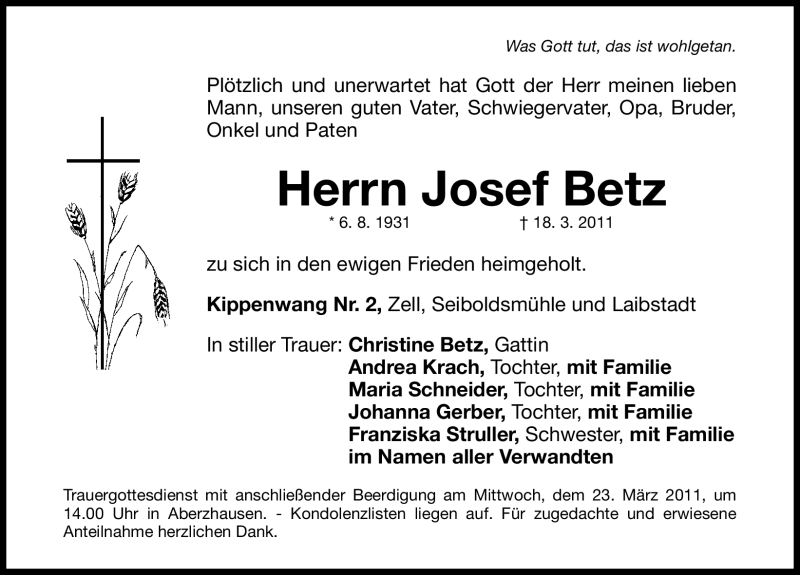 Traueranzeigen von Josef Betz | trauer.nn.de