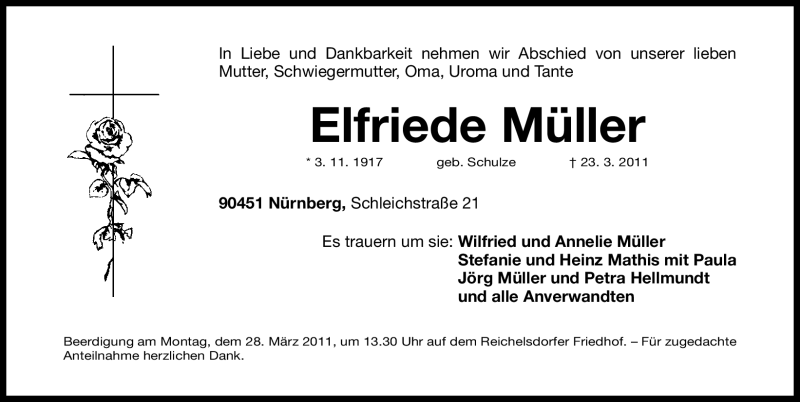 Traueranzeigen von Elfriede Müller | trauer.nn.de