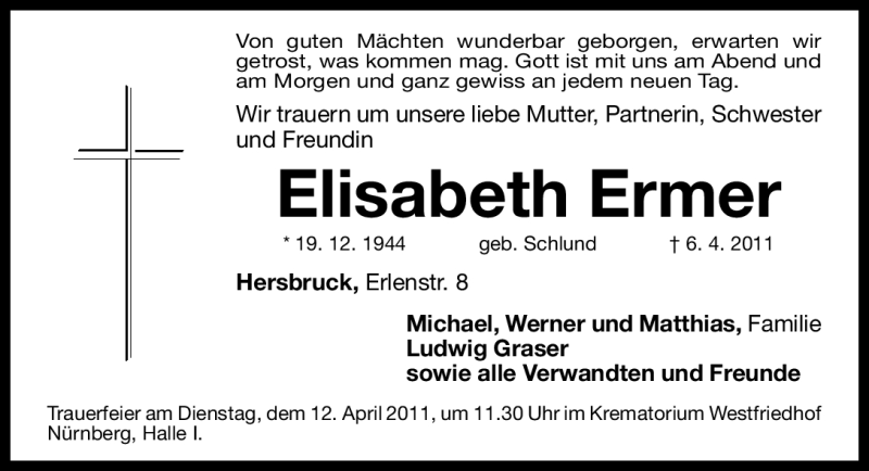 Traueranzeigen von Elisabeth Ermer | trauer.nn.de