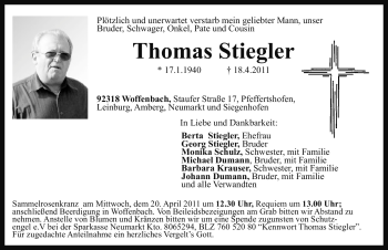 Traueranzeigen von Thomas Stiegler | trauer.nn.de