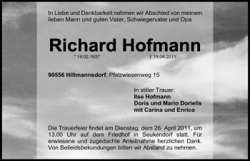 Traueranzeigen von Richard Hofmann | trauer.nn.de