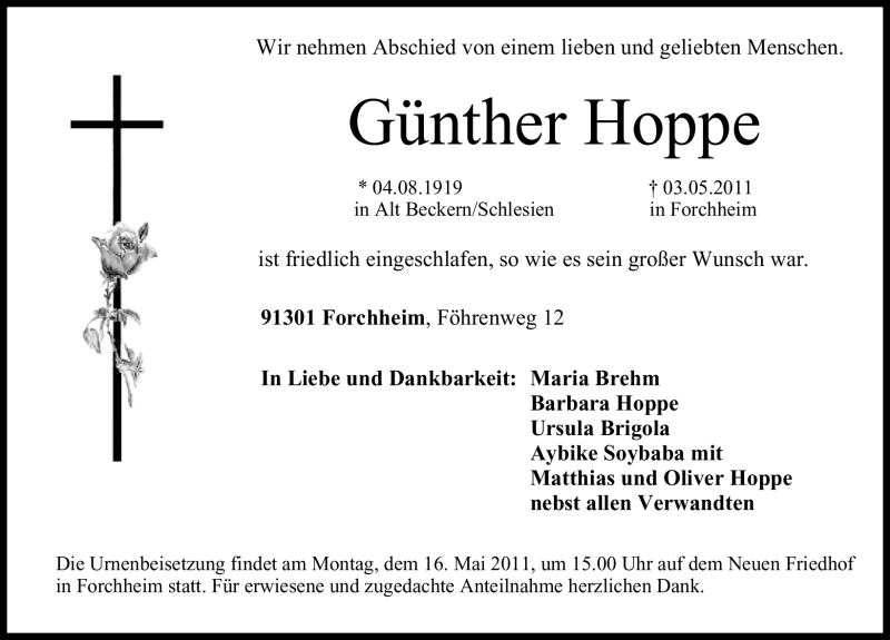 Traueranzeigen von Günther Hoppe | trauer.nn.de