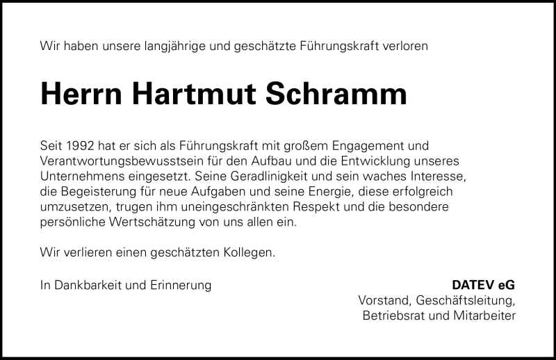 Traueranzeigen von Hartmut Schramm | trauer.nn.de