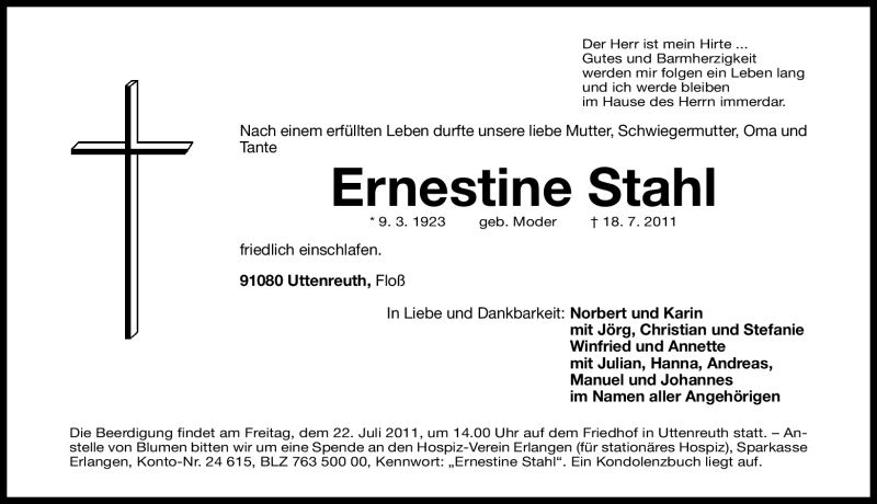 Traueranzeigen von Ernestine Stahl | trauer.nn.de