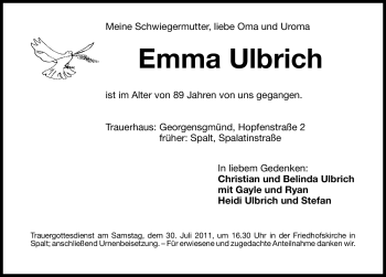 Traueranzeigen von Emma Ulbrich | trauer.nn.de