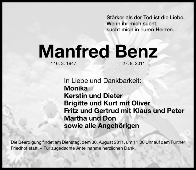 Traueranzeigen von Manfred Benz | trauer.nn.de