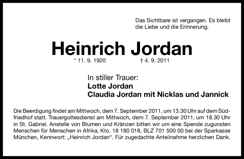 Traueranzeigen von Heinrich Jordan | trauer.nn.de
