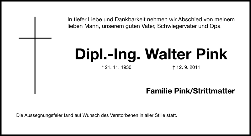 Traueranzeigen von Walter Pink | trauer.nn.de