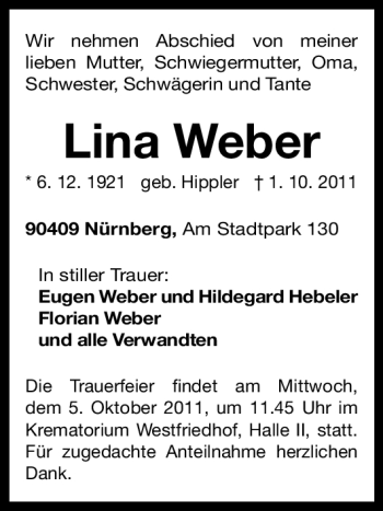 Traueranzeigen von Lina Weber | trauer.nn.de