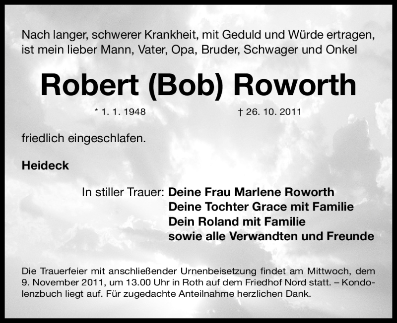 Traueranzeigen von Robert Roworth | trauer.nn.de