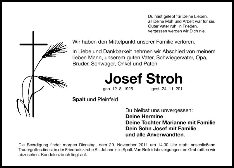 Traueranzeigen von Josef Stroh | trauer.nn.de