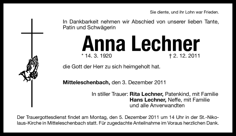 Traueranzeigen von Anna Lechner | trauer.nn.de