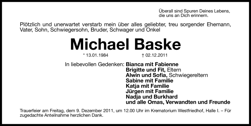 Traueranzeigen von Michael Baske | trauer.nn.de