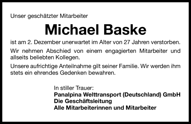 Traueranzeigen von Michael Baske | trauer.nn.de