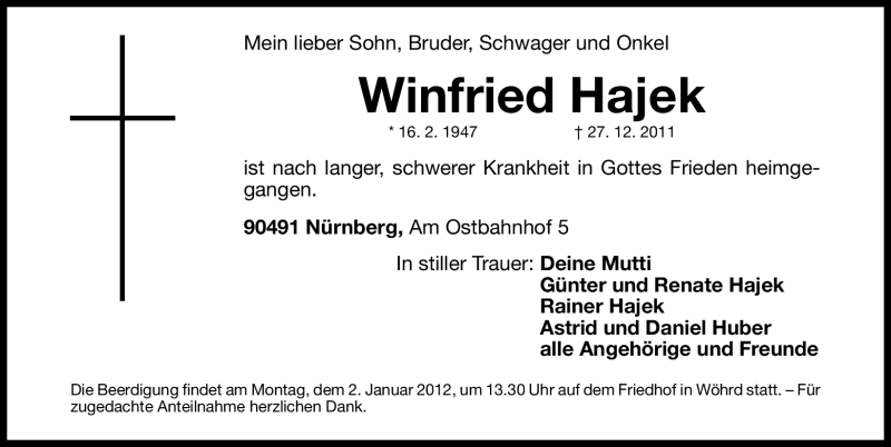 Traueranzeigen von Winfried Hajek | trauer.nn.de