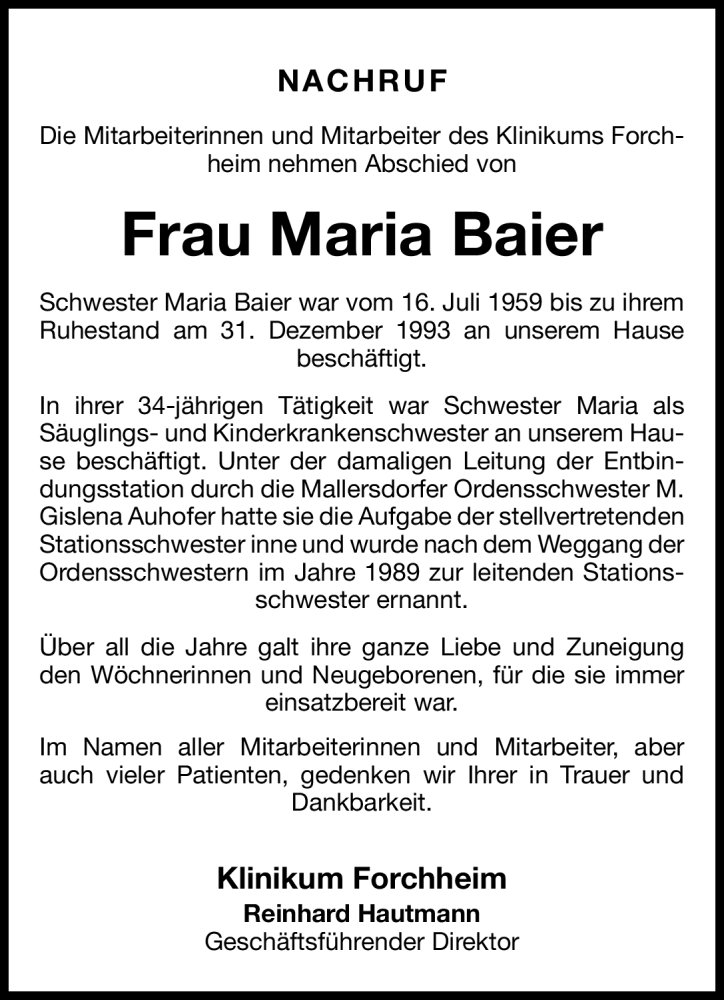 Traueranzeigen von Maria Baier | trauer.nn.de