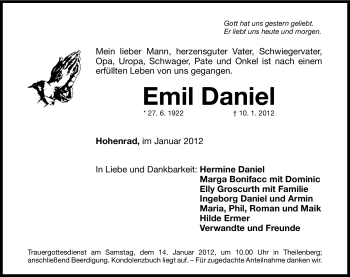 Traueranzeigen von Emil Daniel | trauer.nn.de