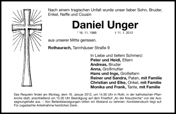 Traueranzeigen von Daniel Unger | trauer.nn.de