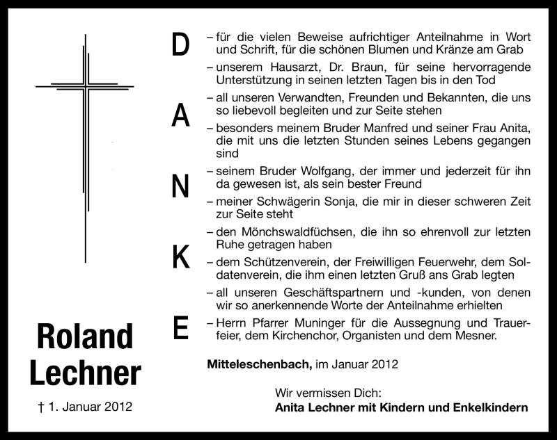 Traueranzeigen von Roland Lechner | trauer.nn.de