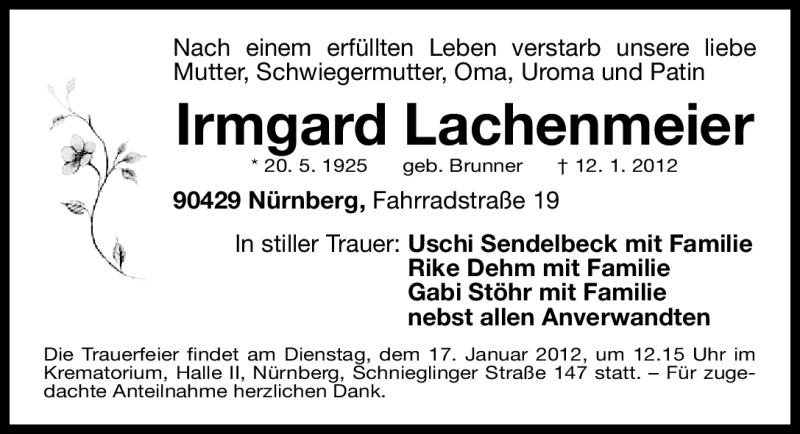 Traueranzeigen von Irmgard Lachenmeier | trauer.nn.de