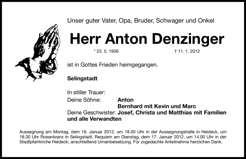Traueranzeigen von Anton Denzinger | trauer.nn.de