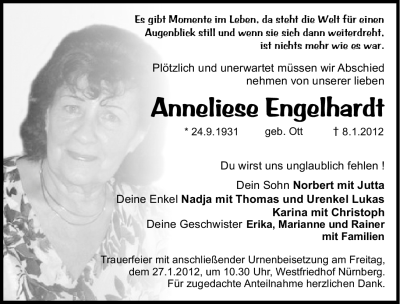 Traueranzeigen von Anneliese Engelhardt | trauer.nn.de