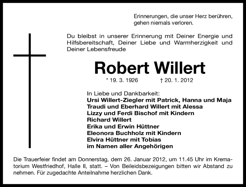 Traueranzeigen von Robert Willert | trauer.nn.de