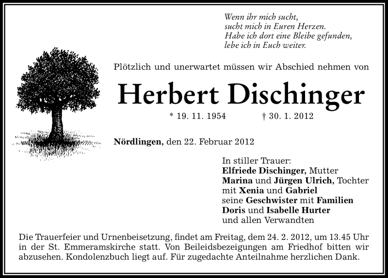 Traueranzeigen von Herbert Dischinger | trauer.nn.de