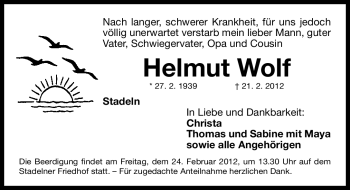 Traueranzeigen von Helmut Wolf | trauer.nn.de