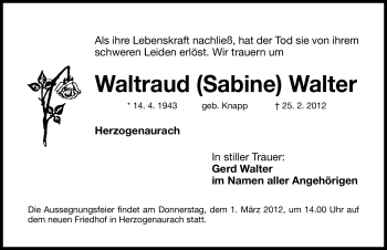 Traueranzeigen von Waltraud Walter | trauer.nn.de