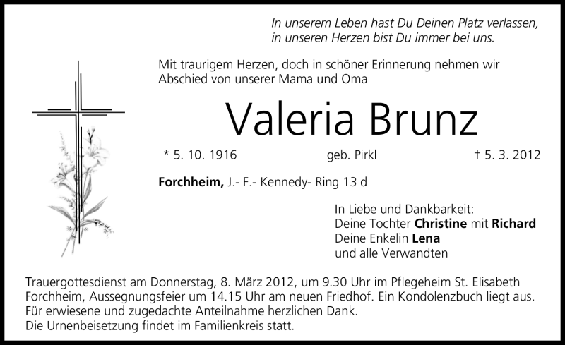 Traueranzeigen von Valeria Brunz | trauer.nn.de