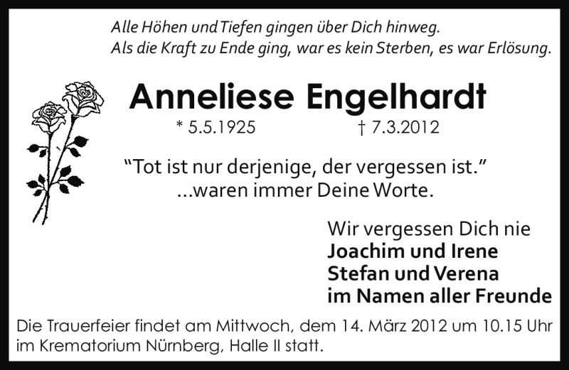 Traueranzeigen von Anneliese Engelhardt | trauer.nn.de