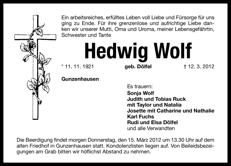 Traueranzeigen von Hedwig Wolf | trauer.nn.de
