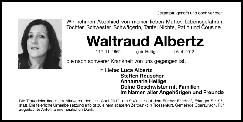 Traueranzeigen von Waltraud Albertz | trauer.nn.de