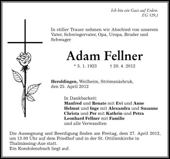 Traueranzeigen von Adam Fellner | trauer.nn.de