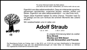 Traueranzeigen von Adolf Straub | trauer.nn.de