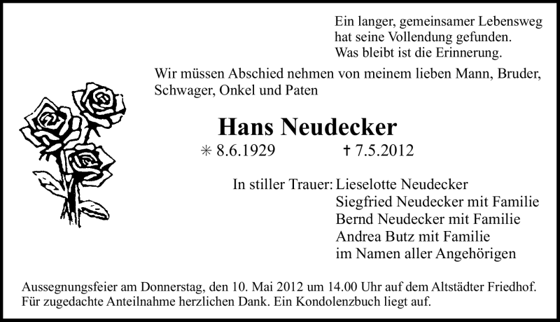 Traueranzeigen von Hans Neudecker | trauer.nn.de