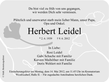 Traueranzeigen von Herbert Leidel | trauer.nn.de