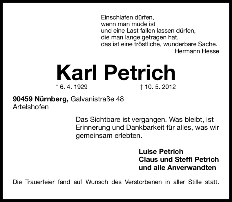 Traueranzeigen von Karl Petrich | trauer.nn.de