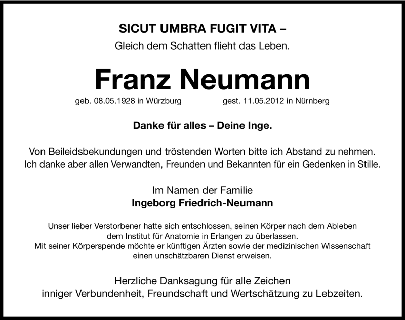 Traueranzeigen von Franz Neumann | trauer.nn.de