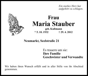 Traueranzeigen von Maria Stauber | trauer.nn.de