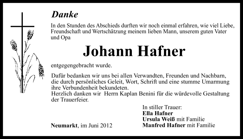 Traueranzeigen von Johann Hafner | trauer.nn.de