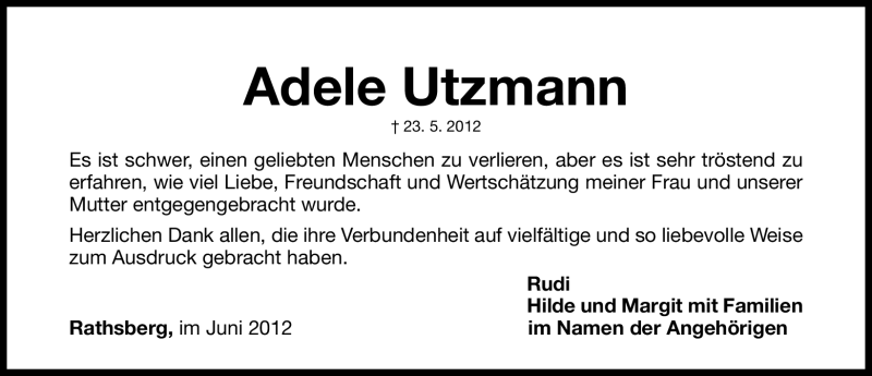 Traueranzeigen von Adele Utzmann | trauer.nn.de